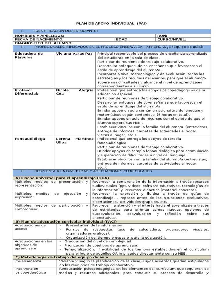 Ejemplo de Plan de Apoyo Individual (PAI) | PDF | Crecimiento personal ...