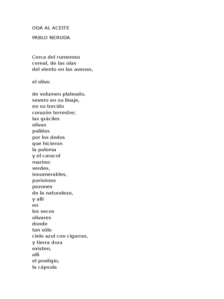 Oda al Aceite de Pablo Neruda | PDF | Cocina, comidas y vino | Arte
