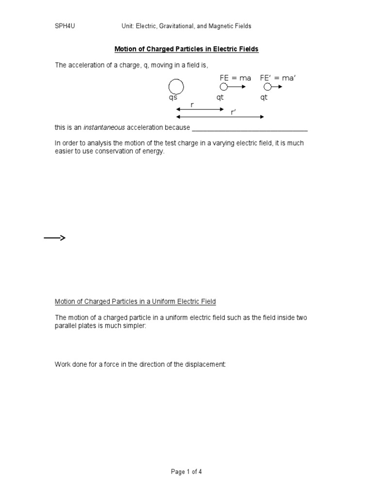 Motion of Charged Particles in Electric Fields W Blanks | PDF ...
