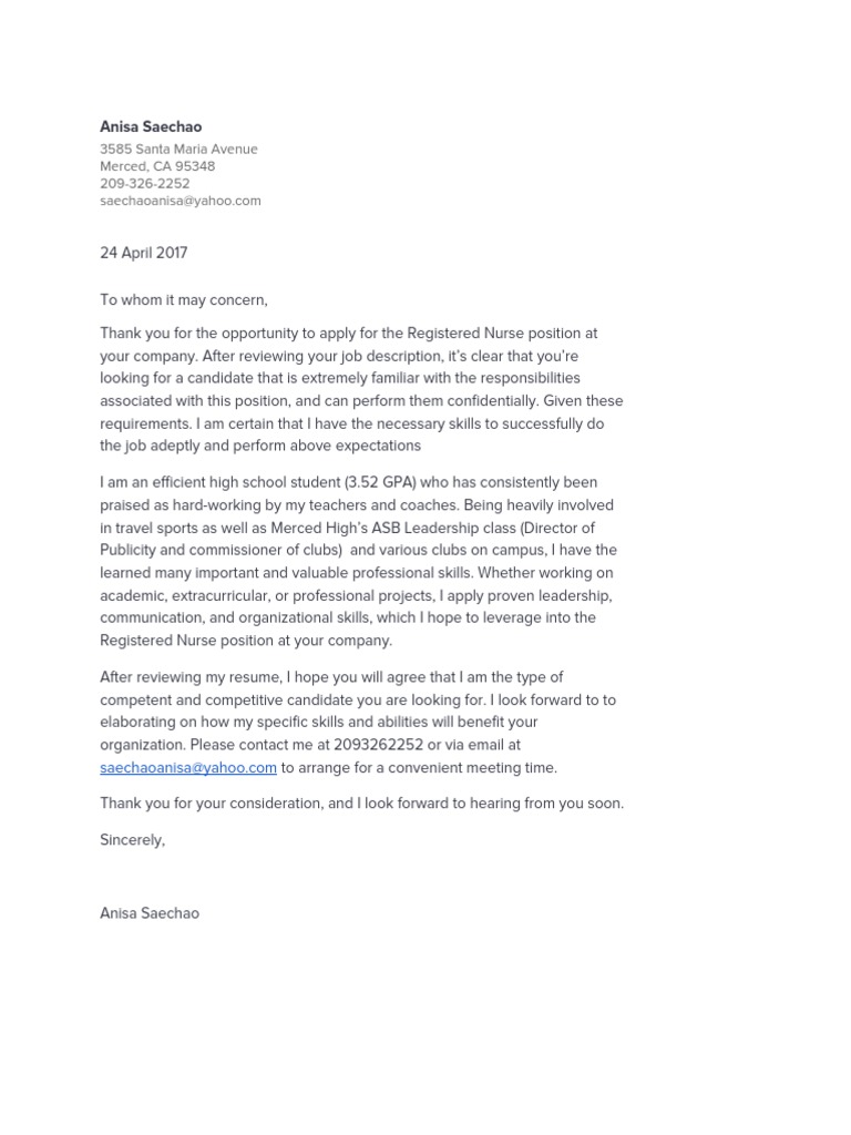 Registered Nurse Application Letter | PDF | Career & Growth
