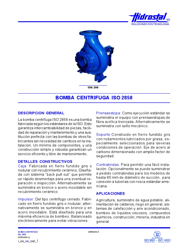 Bombas Hidrostal ISO 2858 PDF | PDF | Bomba | Acero