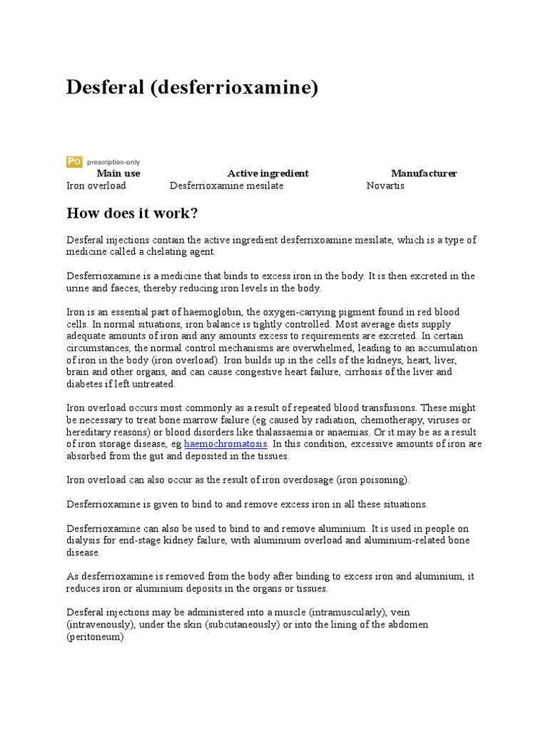 Desferal (Desferrioxamine) : How Does It Work? | PDF | Medical ...