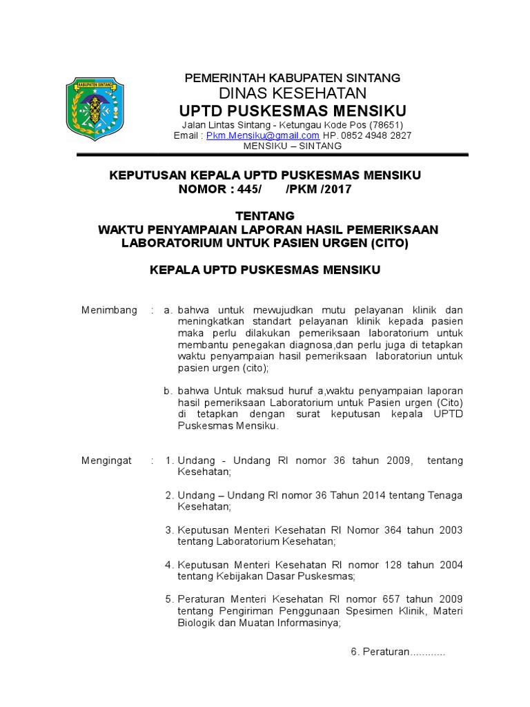 8.1.3.1.2 SK Tentang Penyampaian Hasil Pemeriksaan Lab Cito | PDF