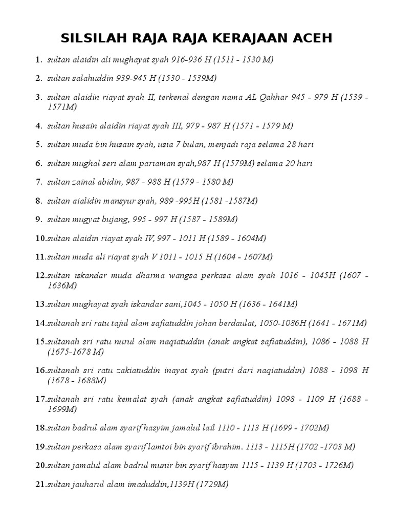 Silsilah Raja Raja Kerajaan Aceh | PDF