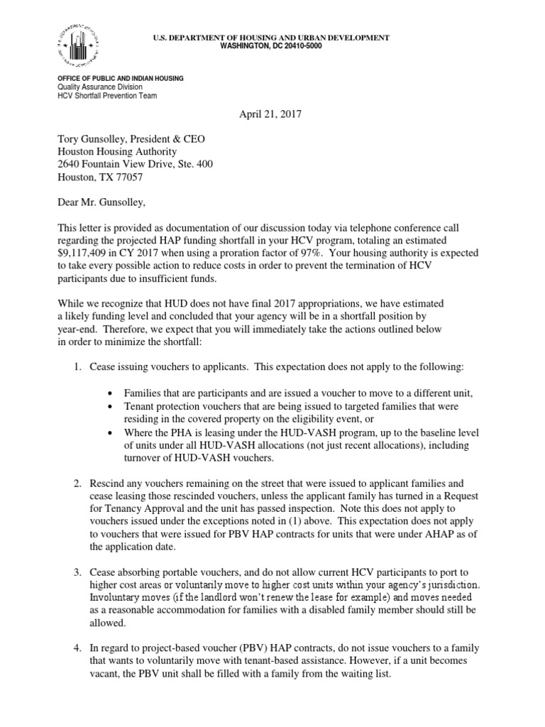 HUD Letter About Shortfall | PDF | School Voucher | Lease