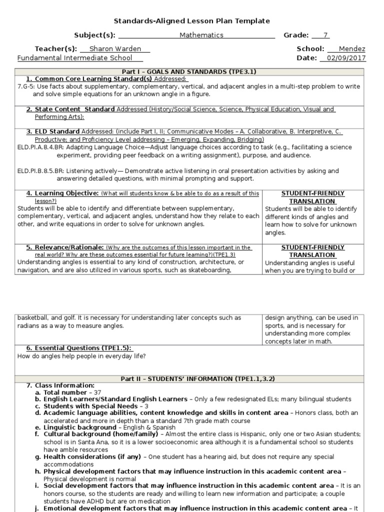 Ccss Lesson Plan On Supplementary Complementary Angles | PDF ...