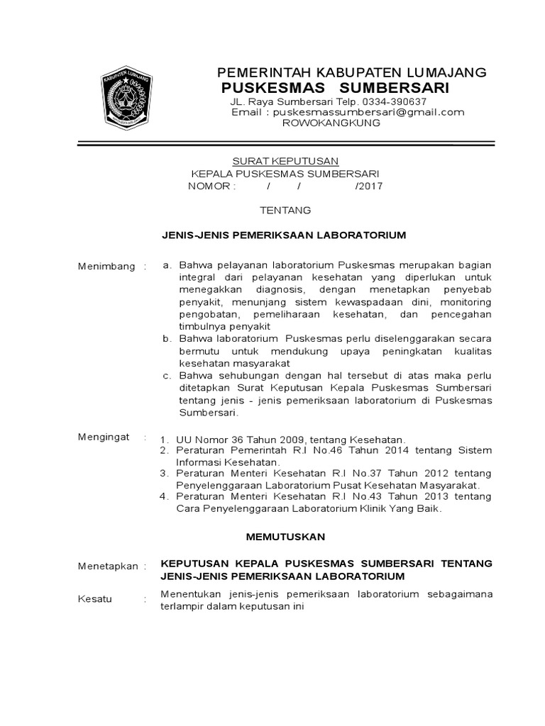 EP 1 8.1.1 SK, SOP Jenis2 Pemeriksaan Laboratorium, & Brosur Pelayanan ...