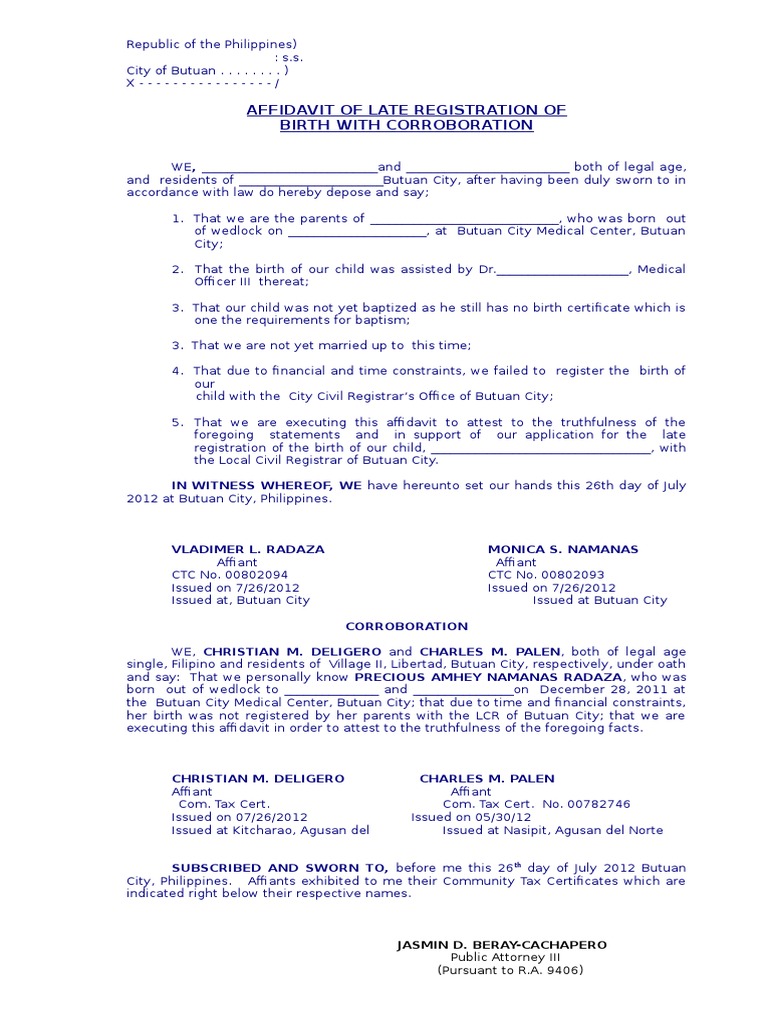 Aff Late Reg With Corroboration | PDF | Affidavit | Document