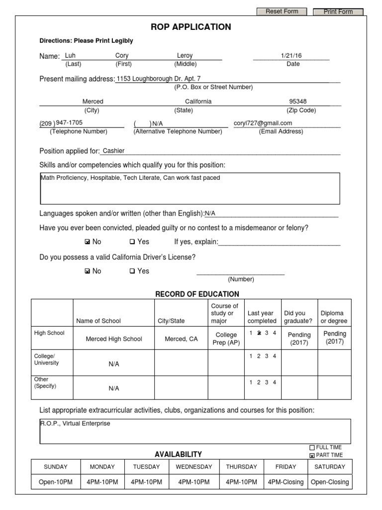 Rop Application: Directions: Please Print Legibly