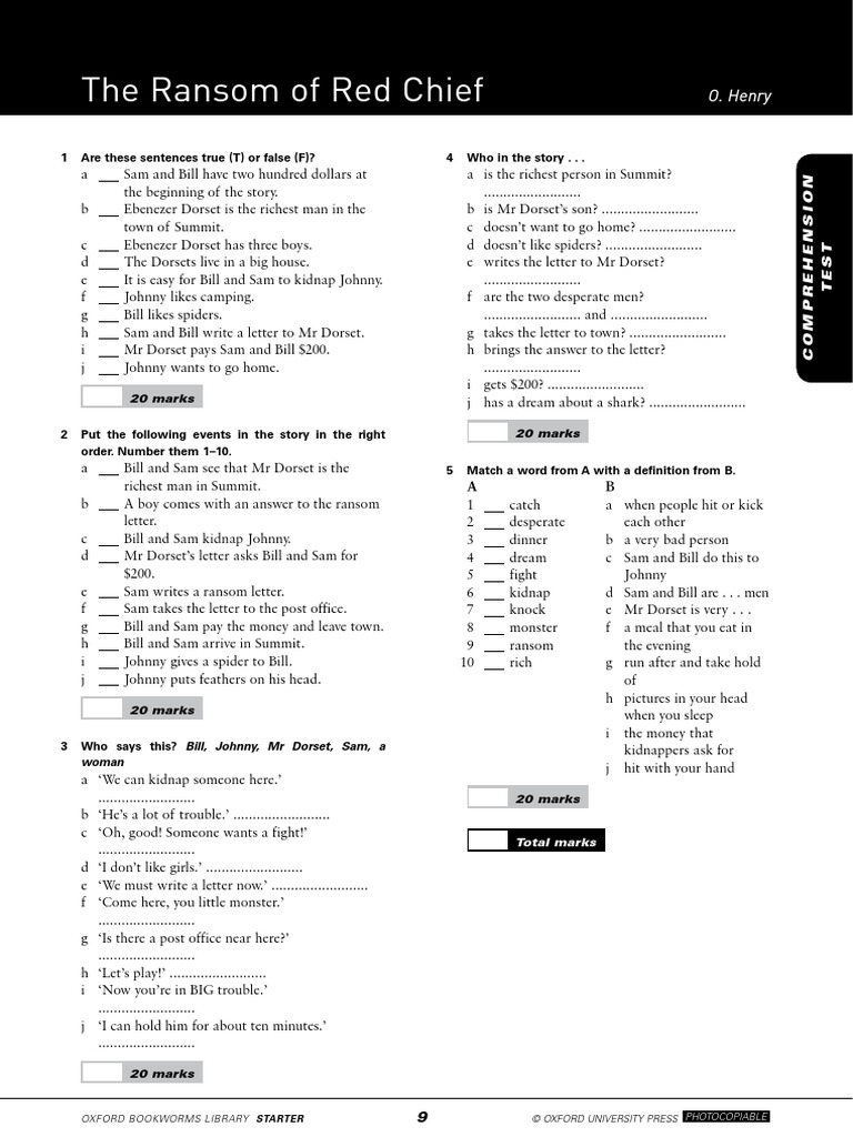 (NEW) Oxford Bookworms Library Starters Ransom of Red Chief Test PDF ...