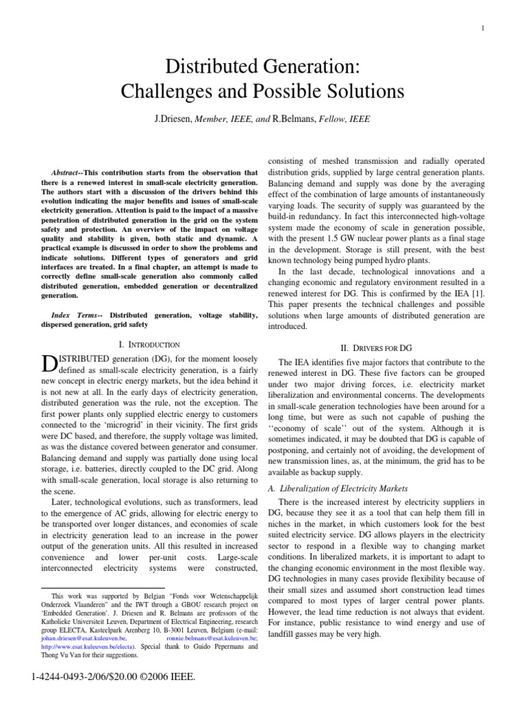Distributed Generation: Challenges and Possible Solutions: J.Driesen ...