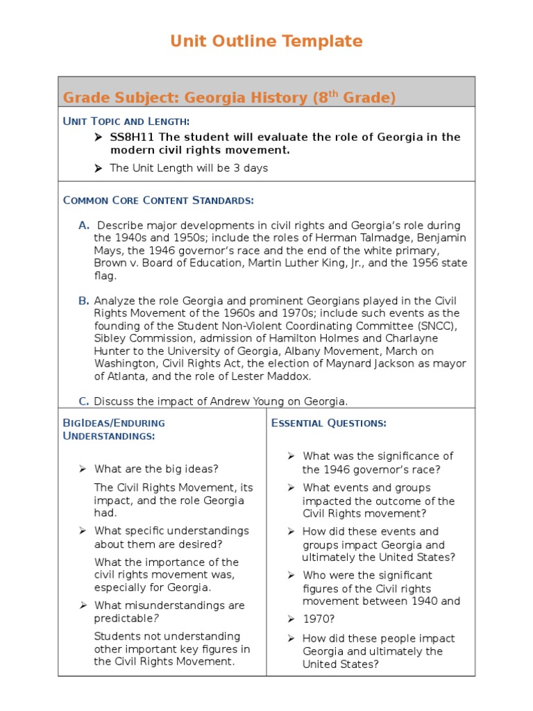 Unit Outline Template: Grade Subject: Georgia History (8 Grade) | PDF ...