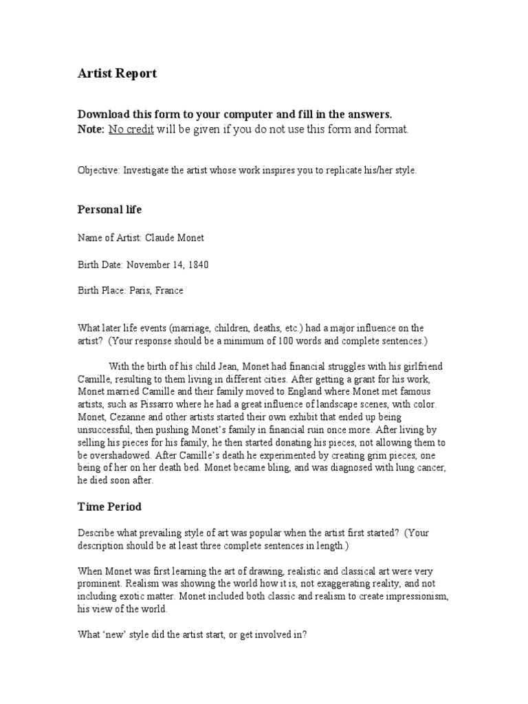 Claude Monet Artist Report Overview | PDF | Claude Monet | Impressionism