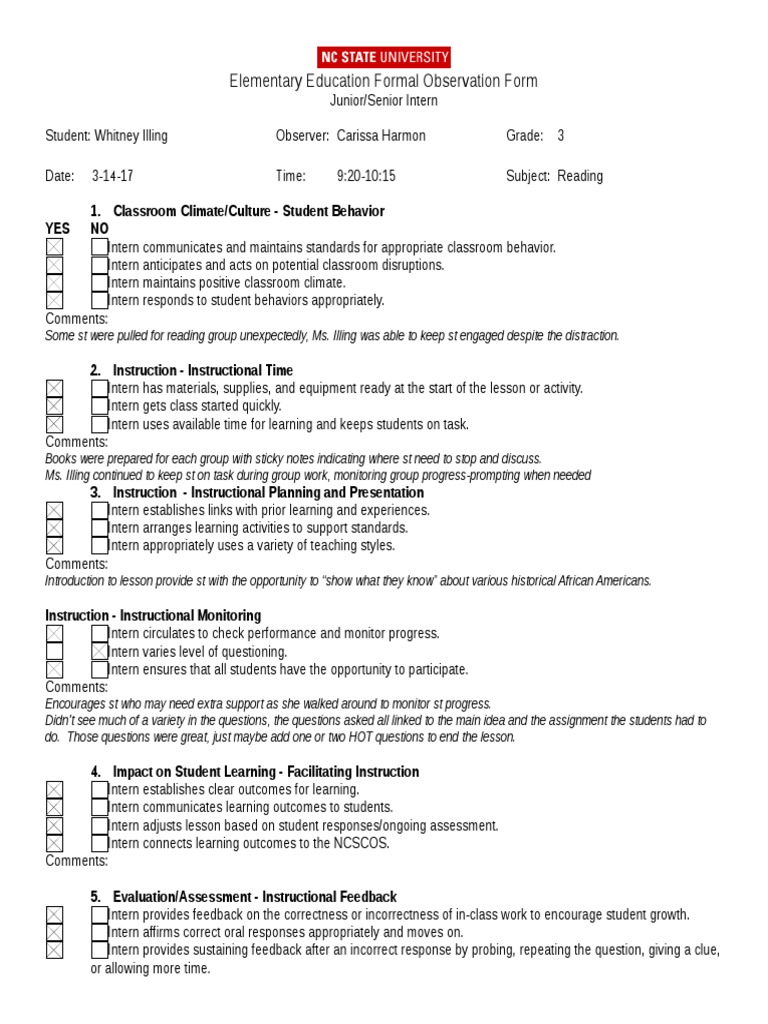 formal observation form illing | Classroom Management | Classroom