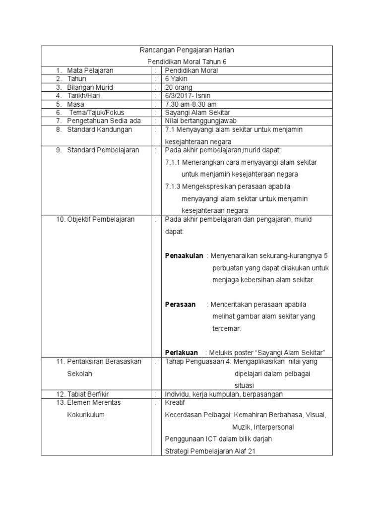 RPH Moral Y6 Sayangi Alam Sekitar | PDF