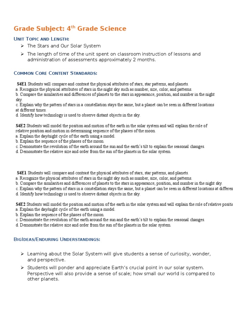 Grade Subject: 4 Grade Science: NIT Opic AND Ength | PDF | Stars | Planets