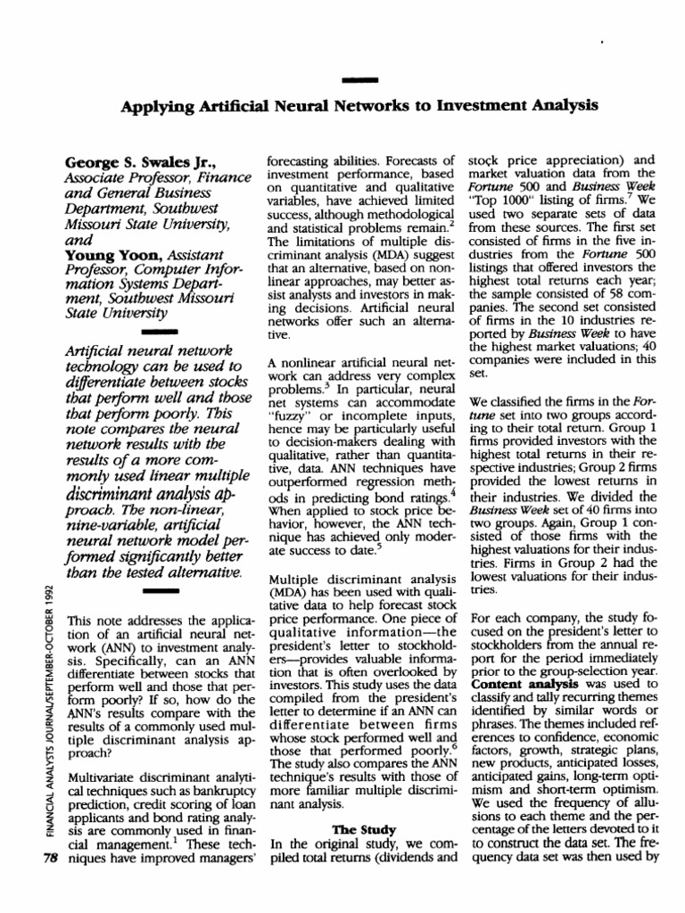 Applying Artificial Neural Networks To Investment Analysis | PDF | Valuation (Finance ...