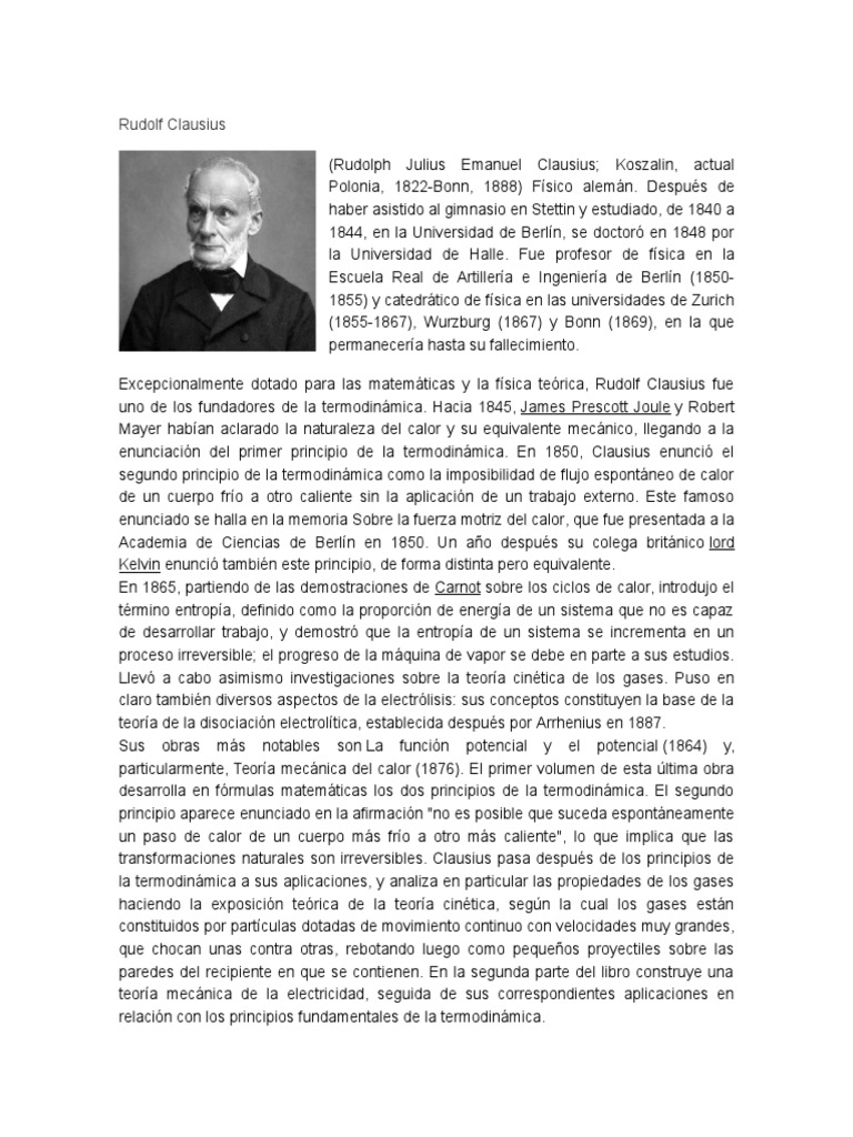 Biografía y aportes de Rudolf Clausius | PDF | Termodinámica | Teoría ...