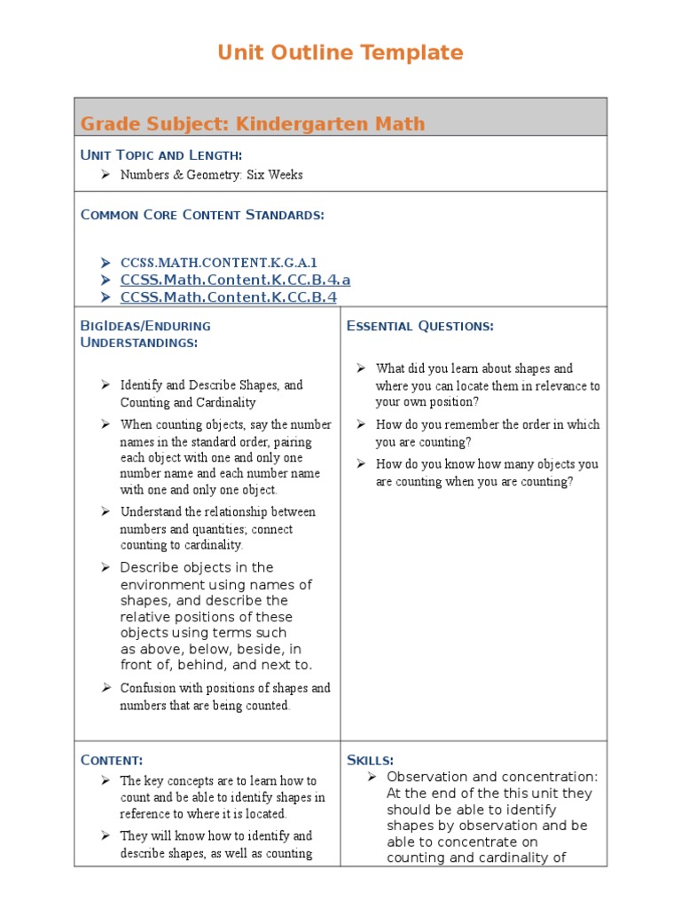 Unit Outline Template: Grade Subject: Kindergarten Math | Download Free ...