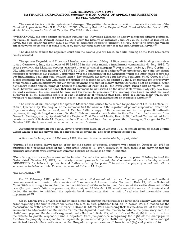 Court upholds return of vehicle to third party in replevin case | PDF ...