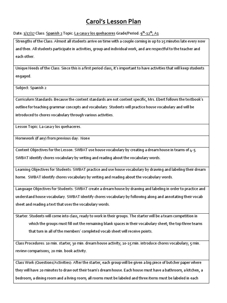 Spanish Chores and Dream House Lesson | PDF | Vocabulary | Lesson Plan