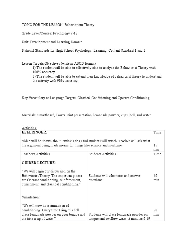 Lesson Plan 3 | PDF | Behaviorism | Learning