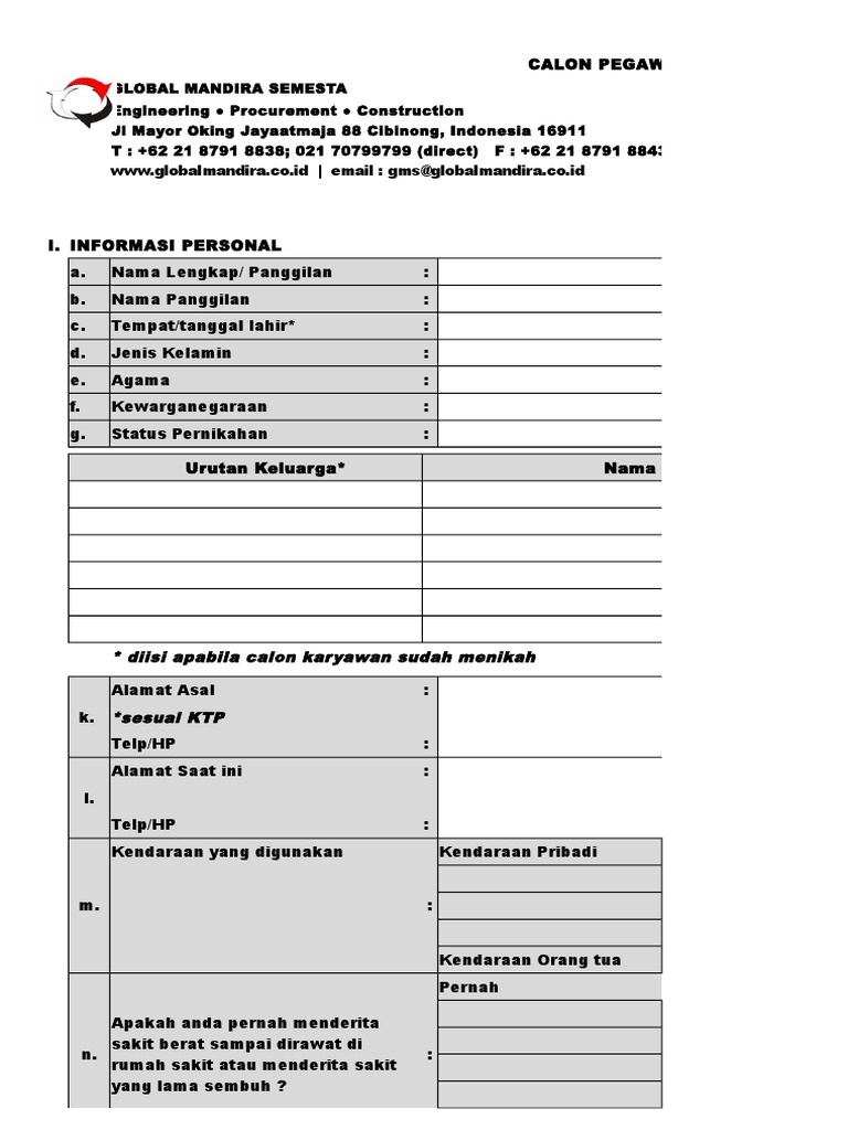 Form Isian Calon Karyawan | PDF