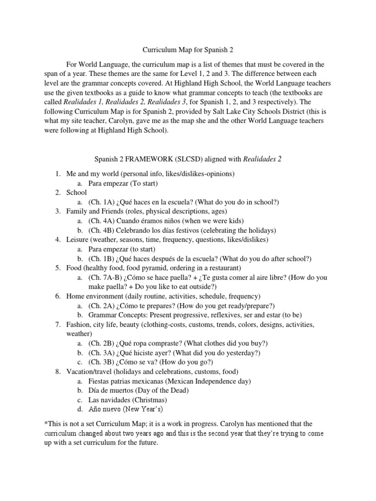 Curriculum Map For Spanish 2 | PDF | Holidays | Observances