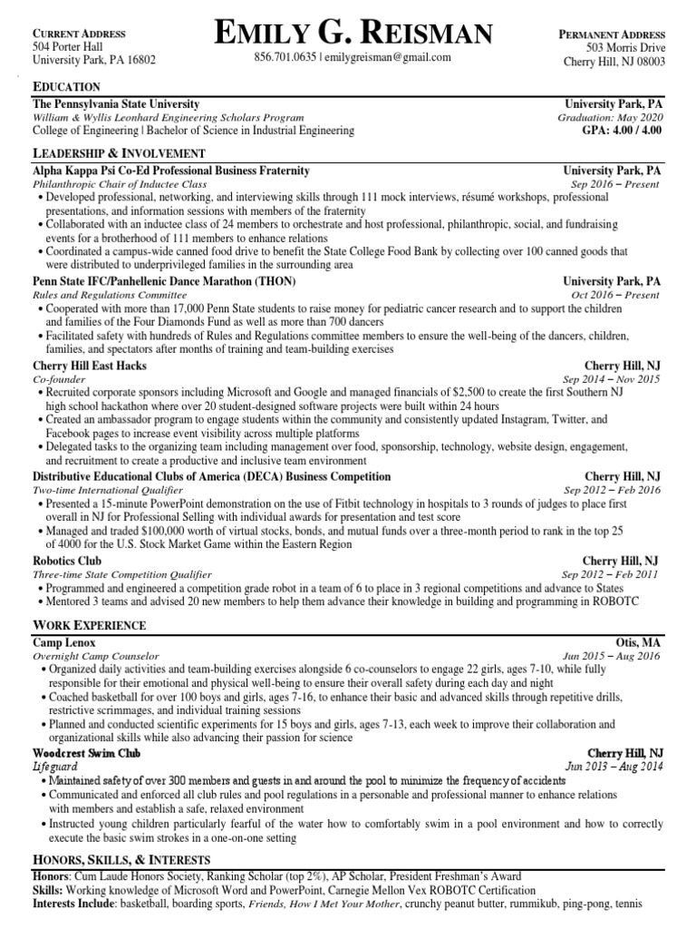 Emily Resume Version 2 | PDF | Pennsylvania State University | Business