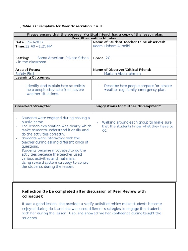 Final Reem Peer Observation | PDF | Educational Assessment | Lesson Plan