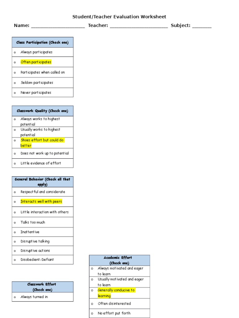 Student/Teacher Evaluation Worksheet Name: - Teacher: - Subject | PDF ...