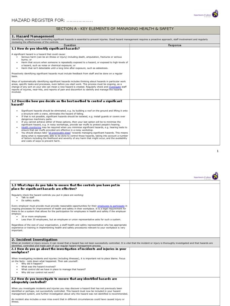 Hazard Register Construction | PDF | Emergency | Occupational Safety ...