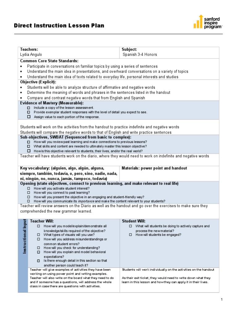 Direct Instruction Lesson Plan | PDF | Mentorship | Teachers