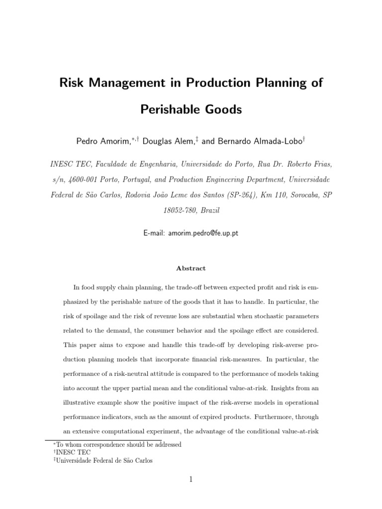 Risk Management in Production Planning of Perishable Goods | PDF ...