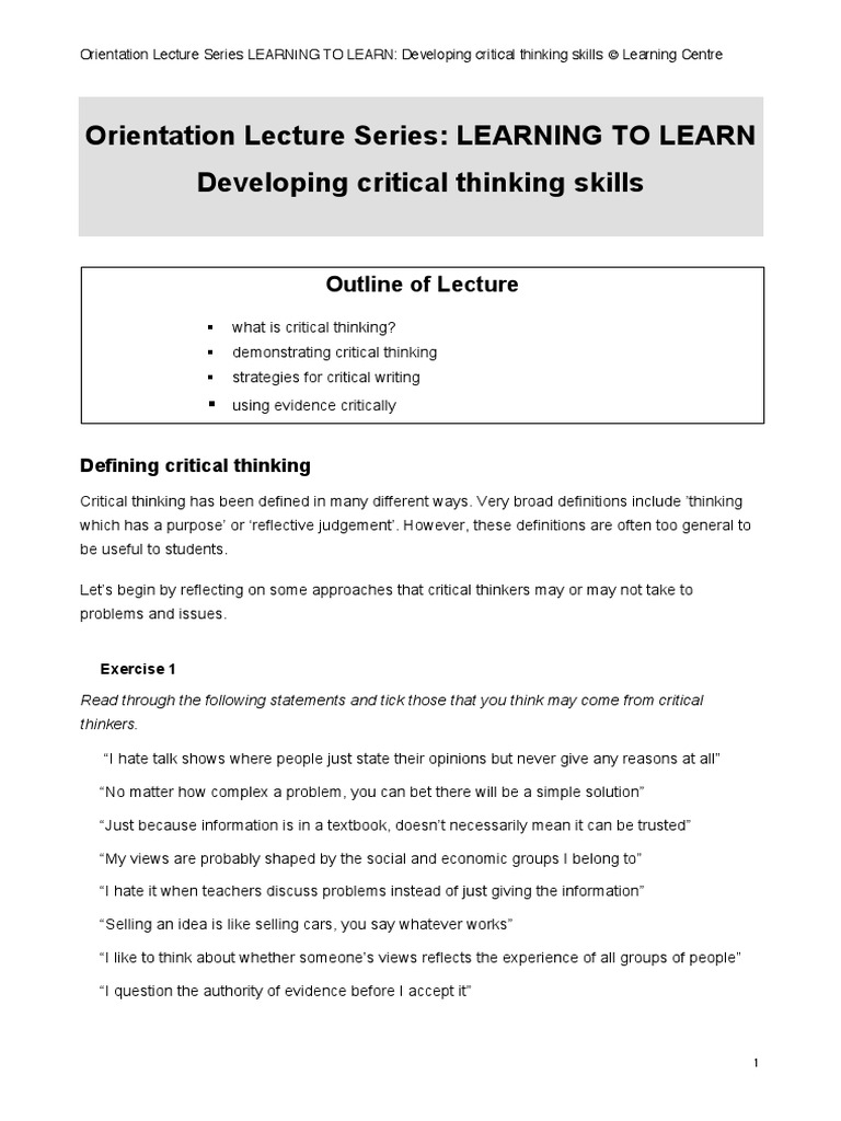 Developing Critical Thinkers: An Orientation Lecture on Strategies for ...
