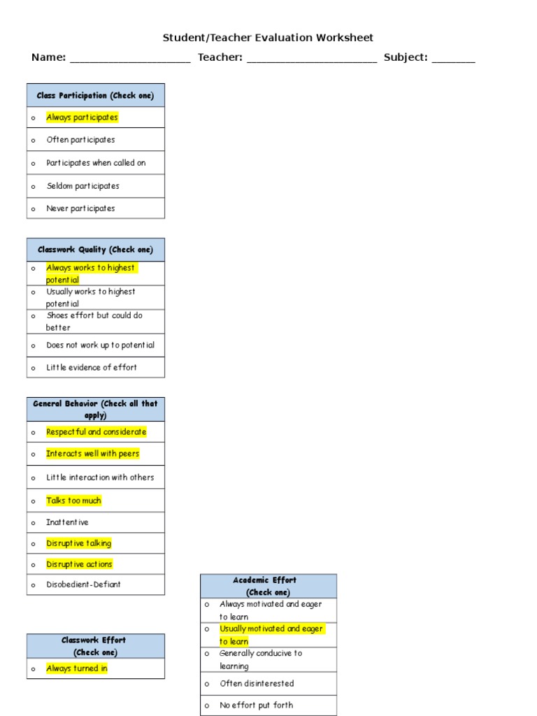 Student/Teacher Evaluation Worksheet Name: - Teacher: - Subject | PDF