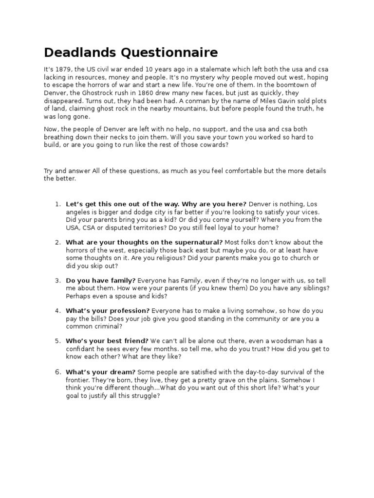 Deadlands Questionnaire: What's Your Dream? Some People Are Satisfied ...