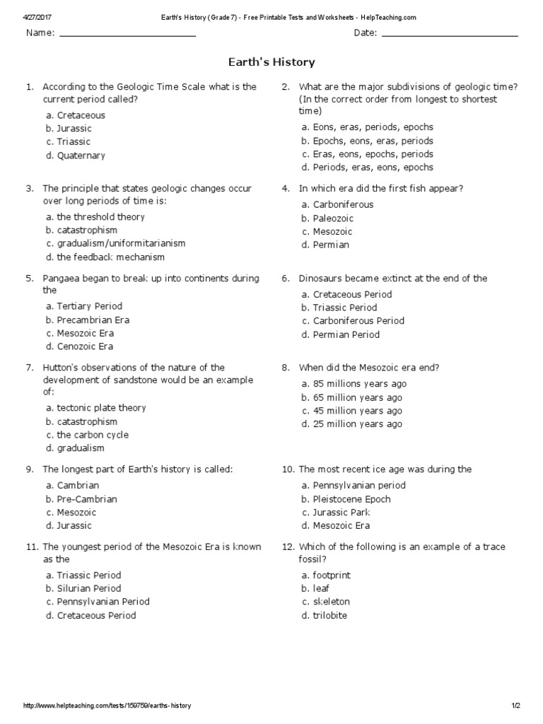 Earth's History (Grade 7) - Free Printable Tests and Worksheets ...