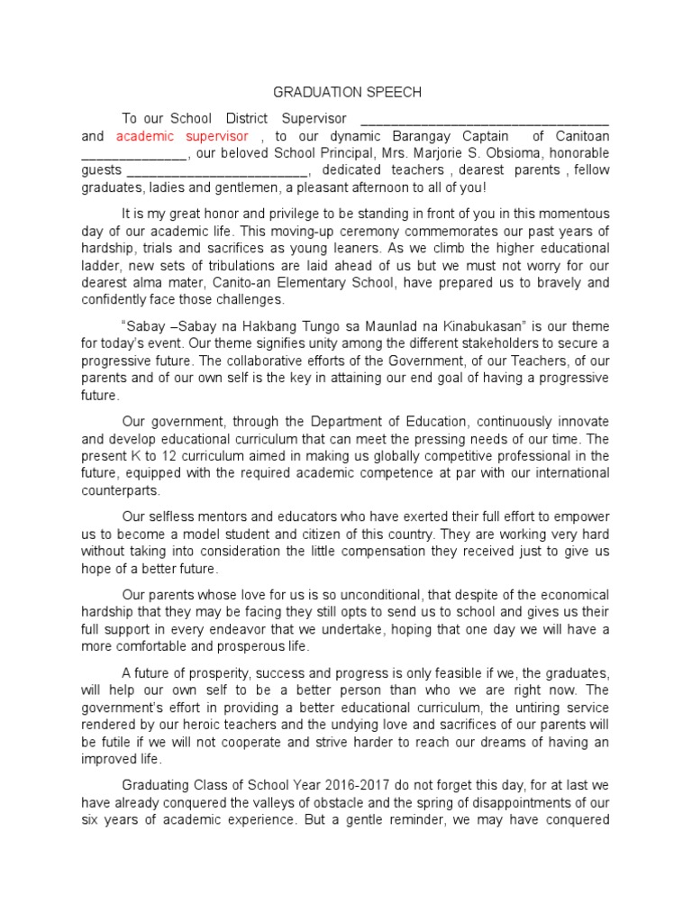 Elementary Graduation Speech | PDF | Further Education | Teaching And ...