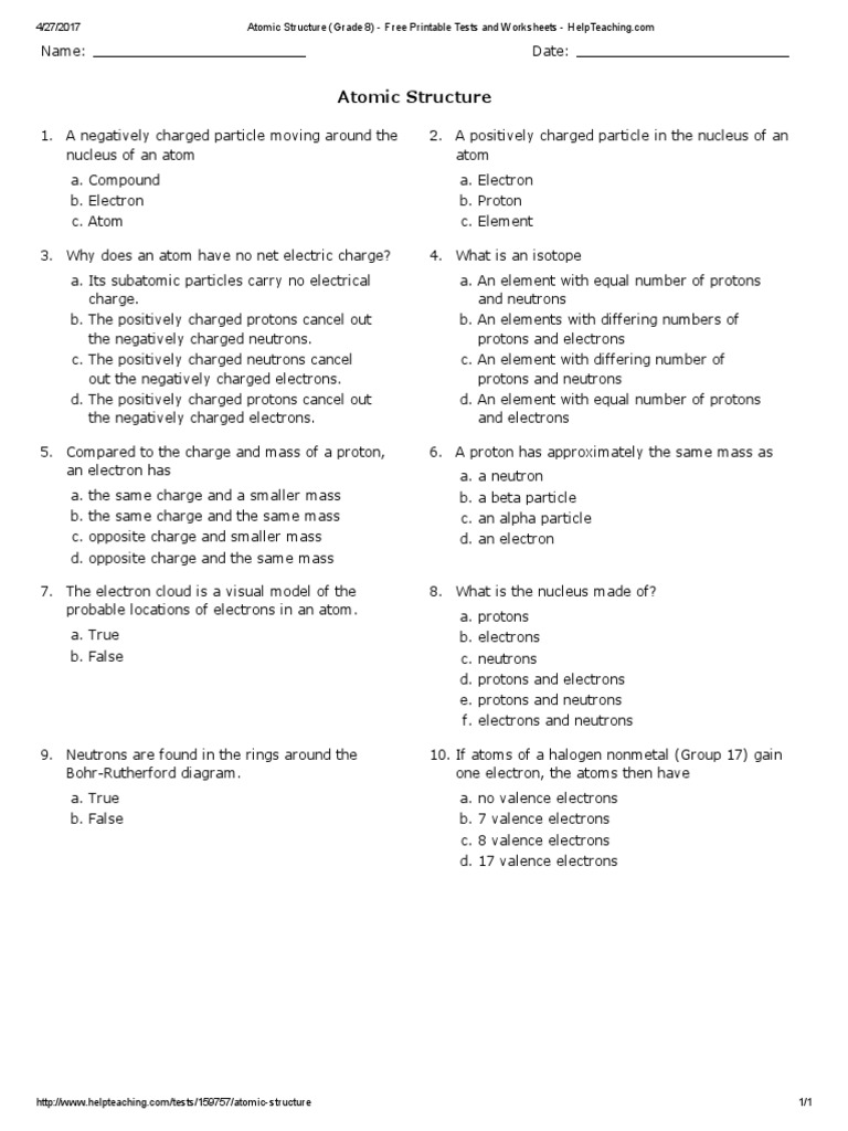 Grade 8 Atomic Structure Worksheet | PDF | Atoms | Proton