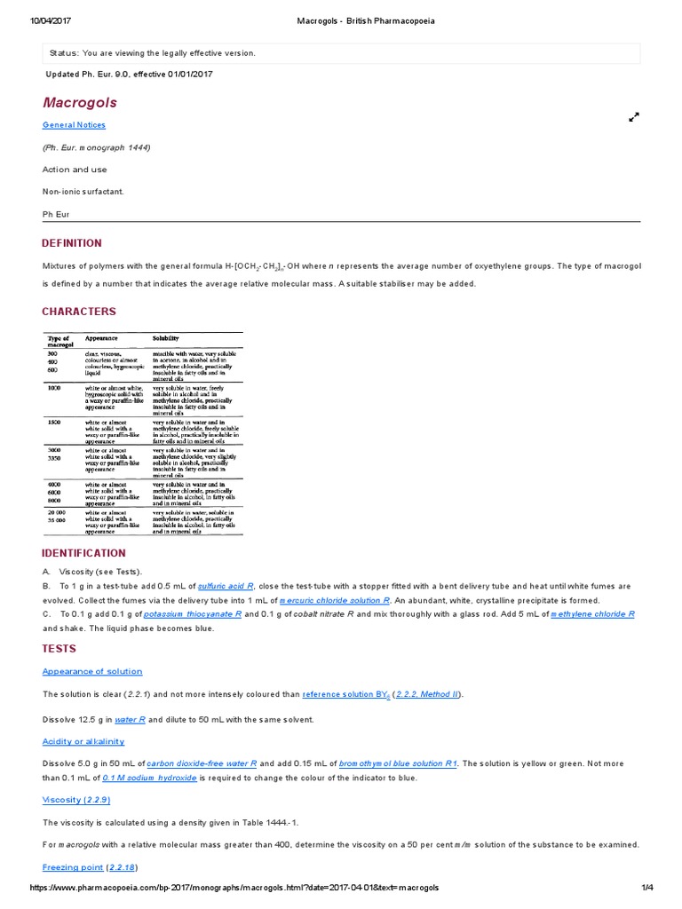 Macrogols - British Pharmacopoeia | PDF | Polyethylene Glycol | Solution