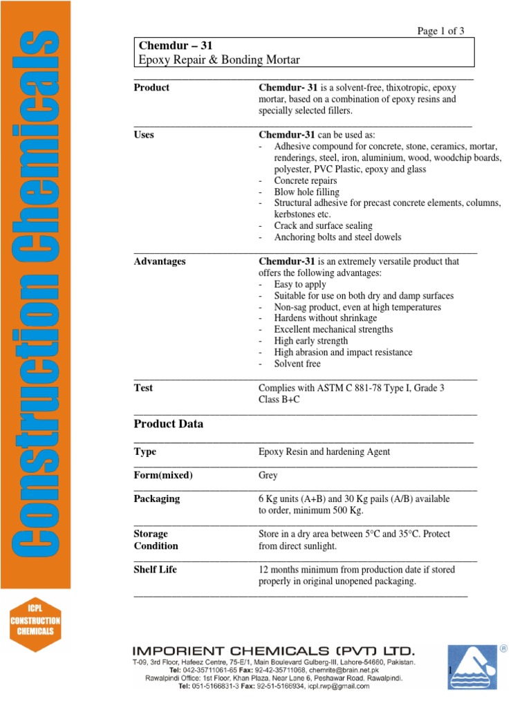 Epoxy Repair & Bonding Mortar: Chemdur - 31 | PDF | Epoxy | Adhesive