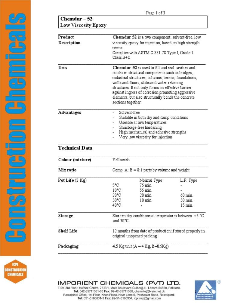 Low Viscosity Epoxy: Chemdur - 52 | PDF | Strength Of Materials | Epoxy