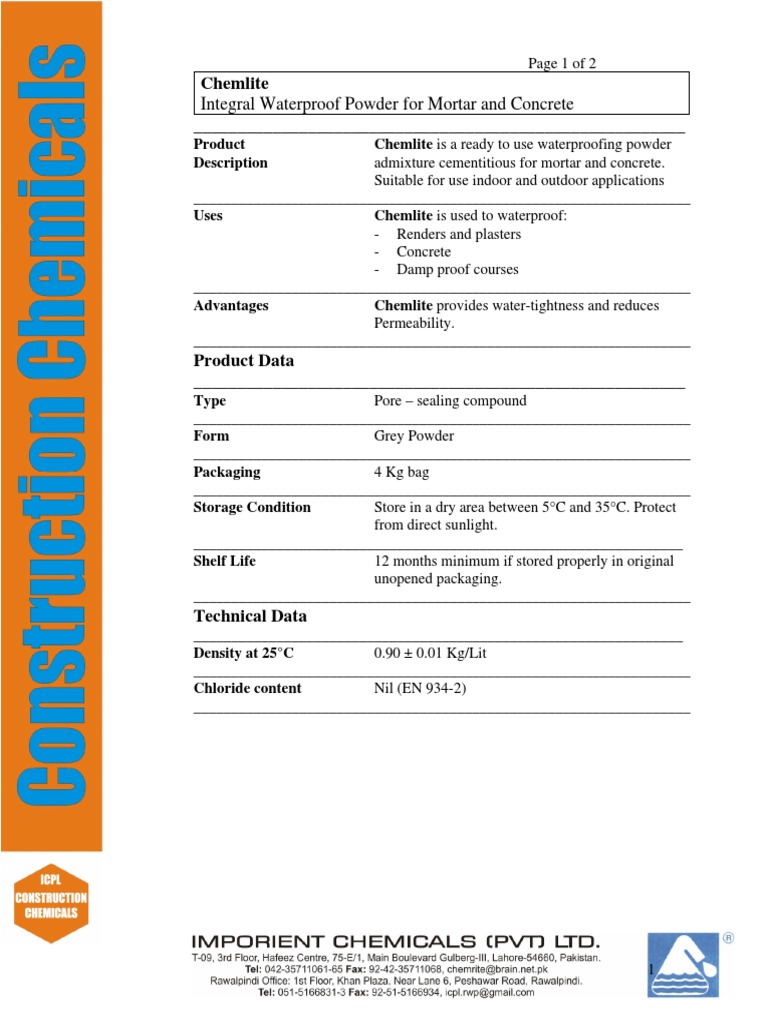 Integral Waterproof Powder For Mortar and Concrete: Chemlite | PDF