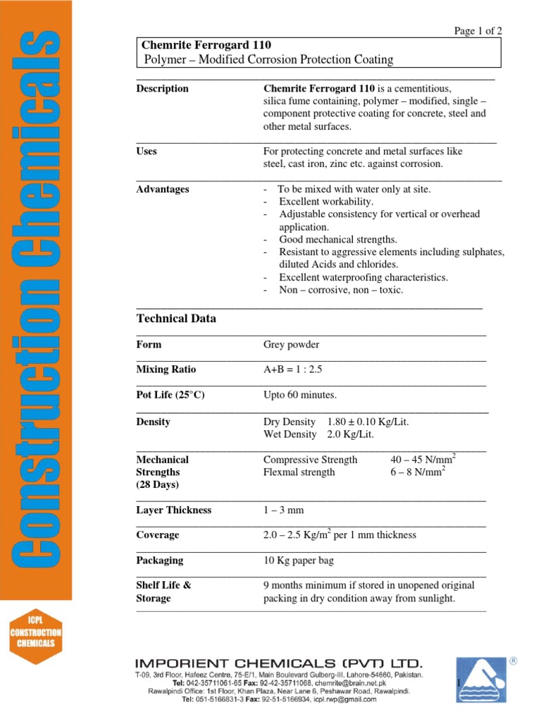 Chemrite Ferrogard 110 | PDF | Corrosion | Concrete