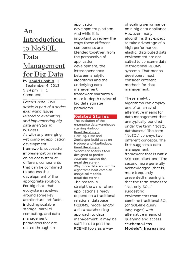 An To Nosql Data Management For Big Data: David Loshin | PDF | No Sql | Big Data