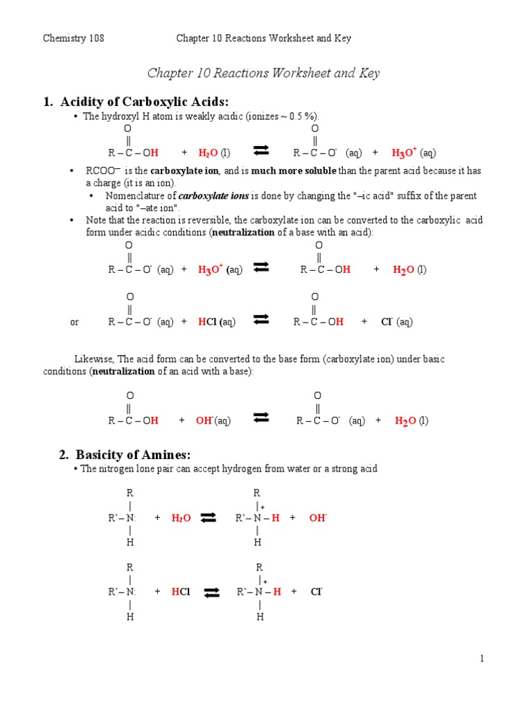 Acidity of Carboxylic Acids:: Chapter 10 Reactions Worksheet and Key ...