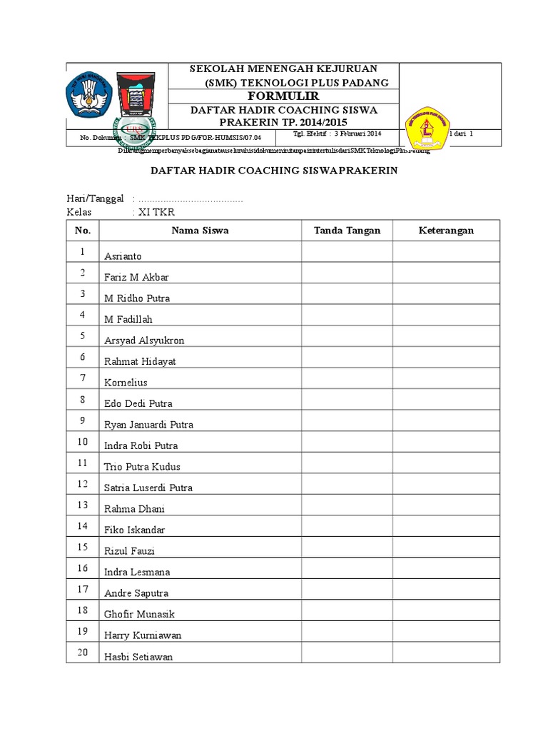 Daftar Hadir Coaching Siswa TKR | PDF