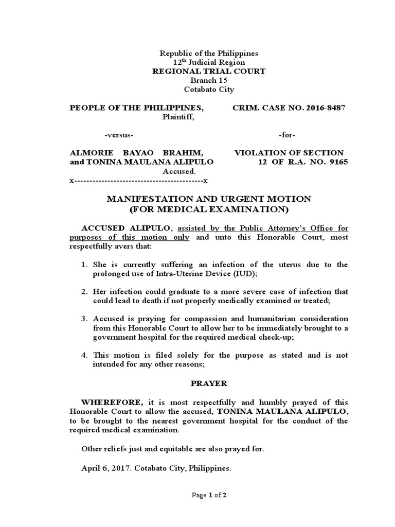 Motion for Medical Checkup RTC15.doc | Judiciaries | Government