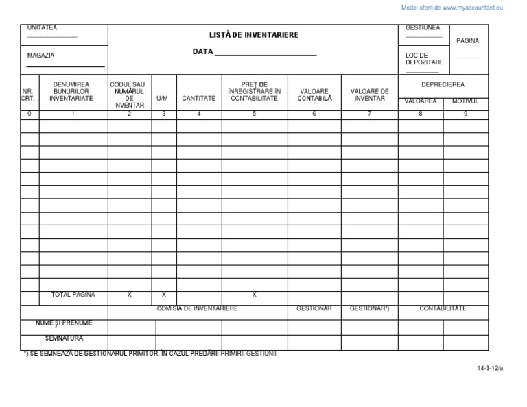 Lista de Inventariere Model Pentru Gestiuni Global Valorice